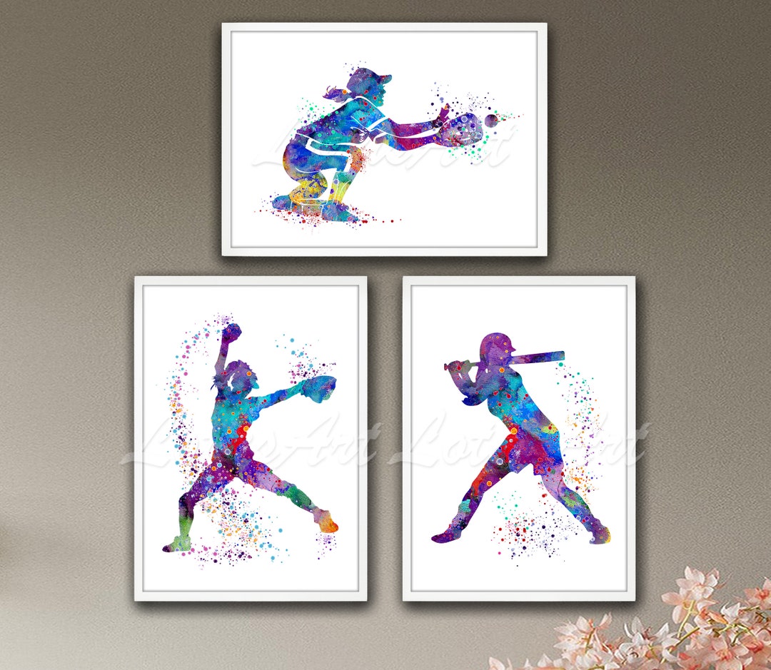 Set of 3 Girl Baseball Softball Watercolor Wall Art Print Batter ...