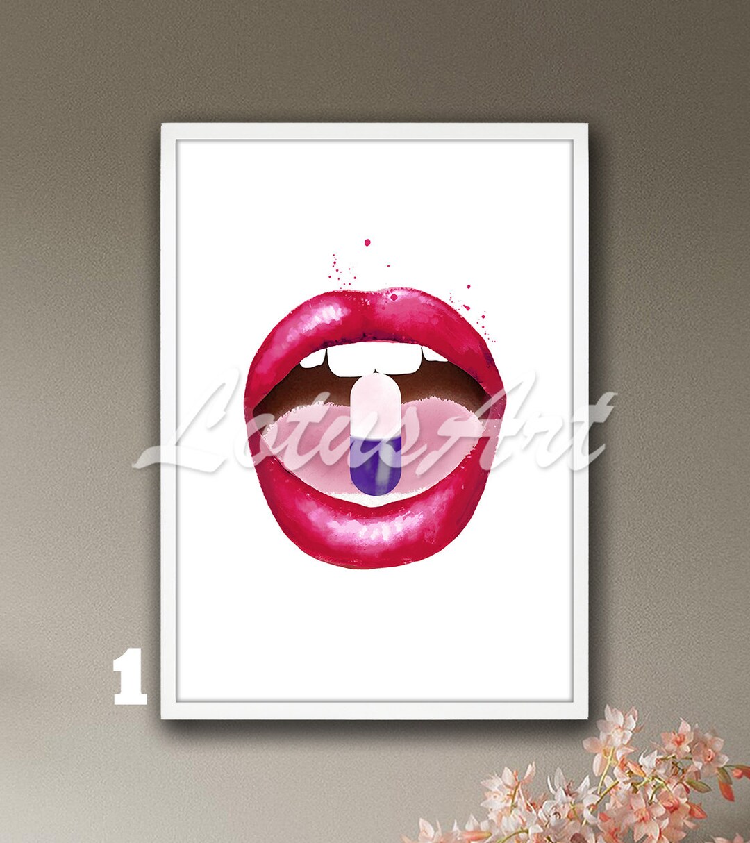 Lips With Pill Wall Art Watercolor Print Pharmacy Poster Abstract Lips ...