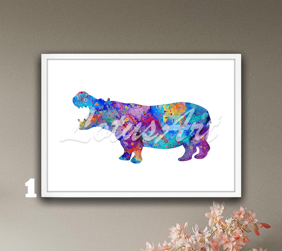 Hippo Wall Art Hippopotamus Decor Framed Watercolor Print Wild Animals ...