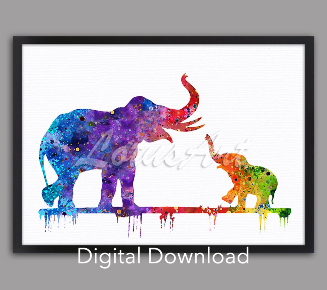 Watercolor Elephant Mom and Baby Art Print: Nursery Decor (digital ...