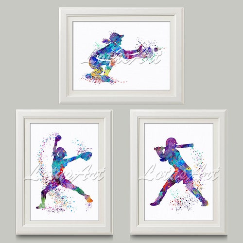 Set of 3 Girl Baseball Softball Watercolor Wall Art Print - Etsy