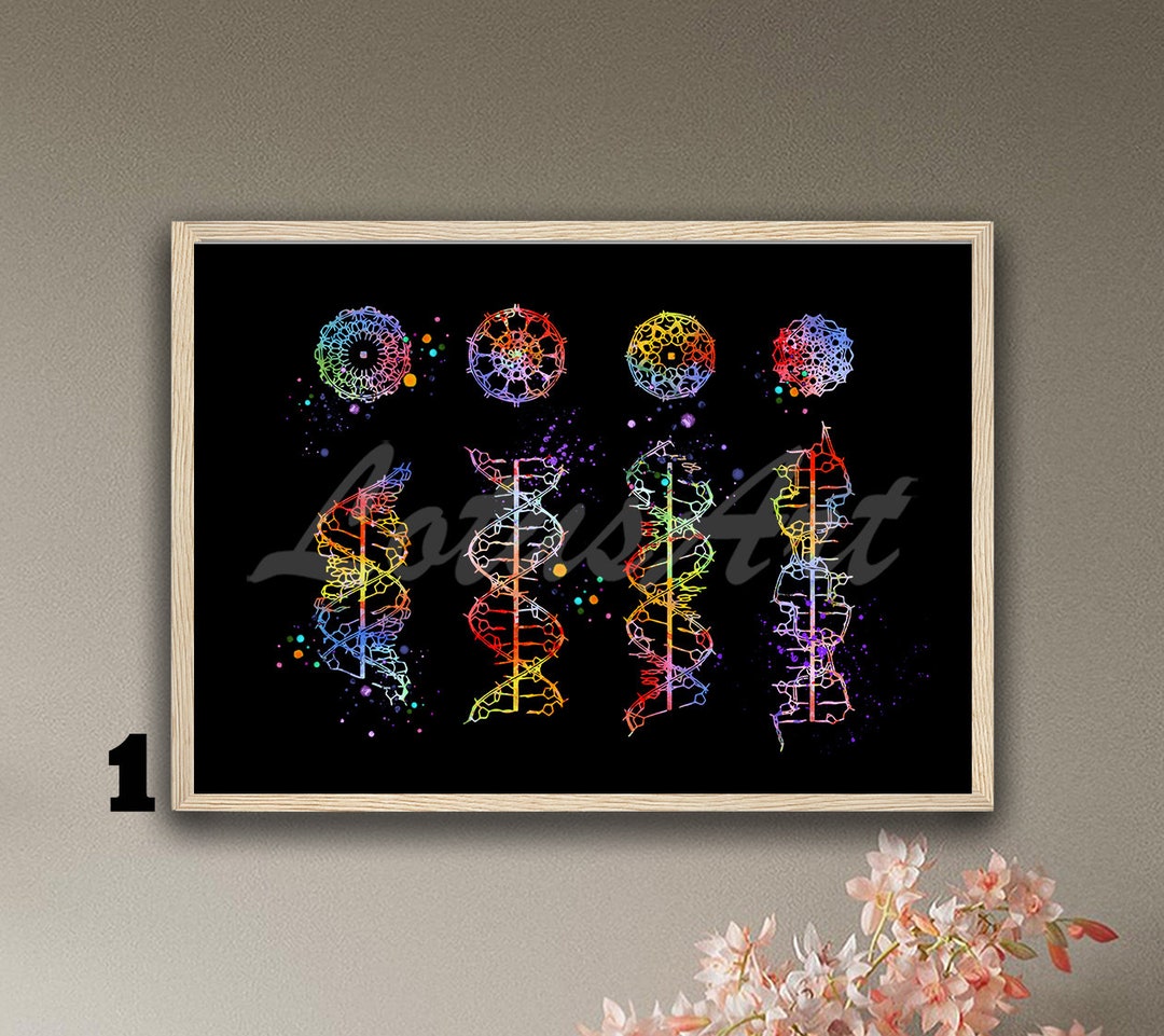 DNA Helix A-B-C-Z Medical Framed Art Black Background Watercolor Print ...