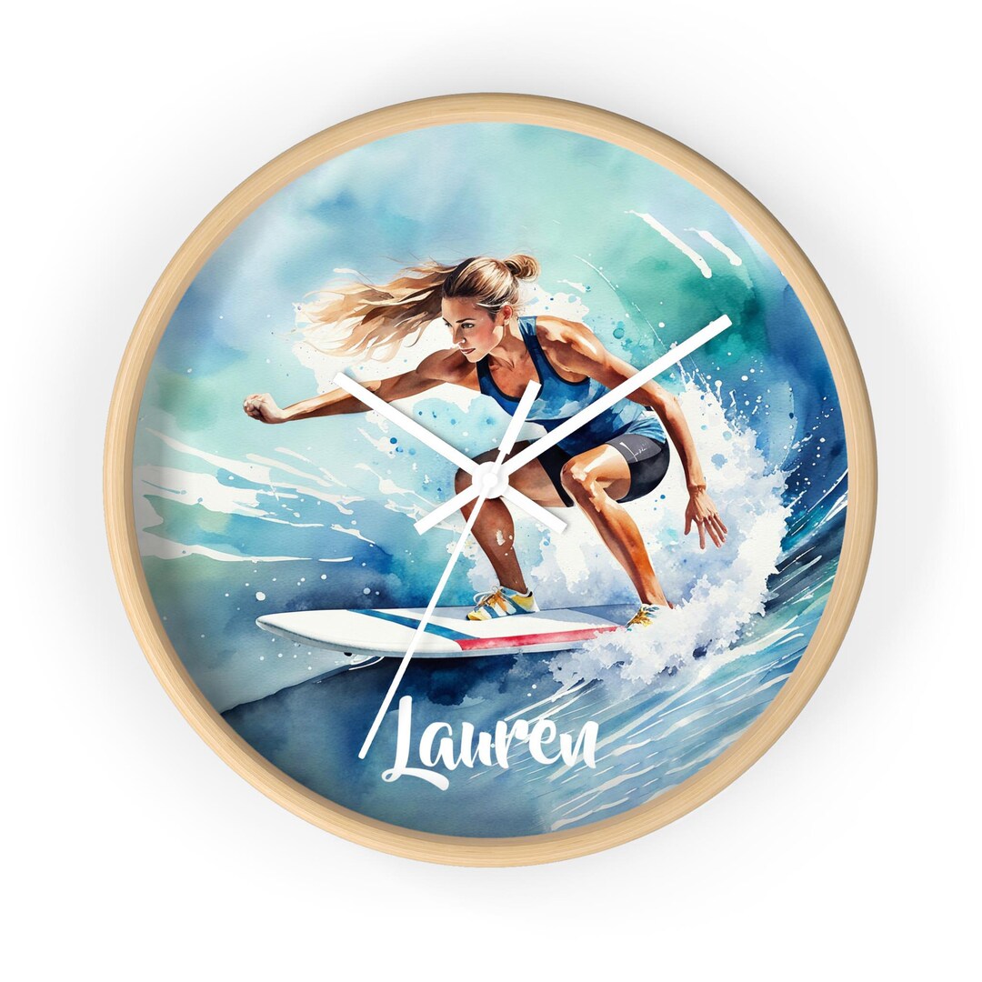 Personalized Girl Surfing Watercolor Wall Clock: Custom Athlete Name ...