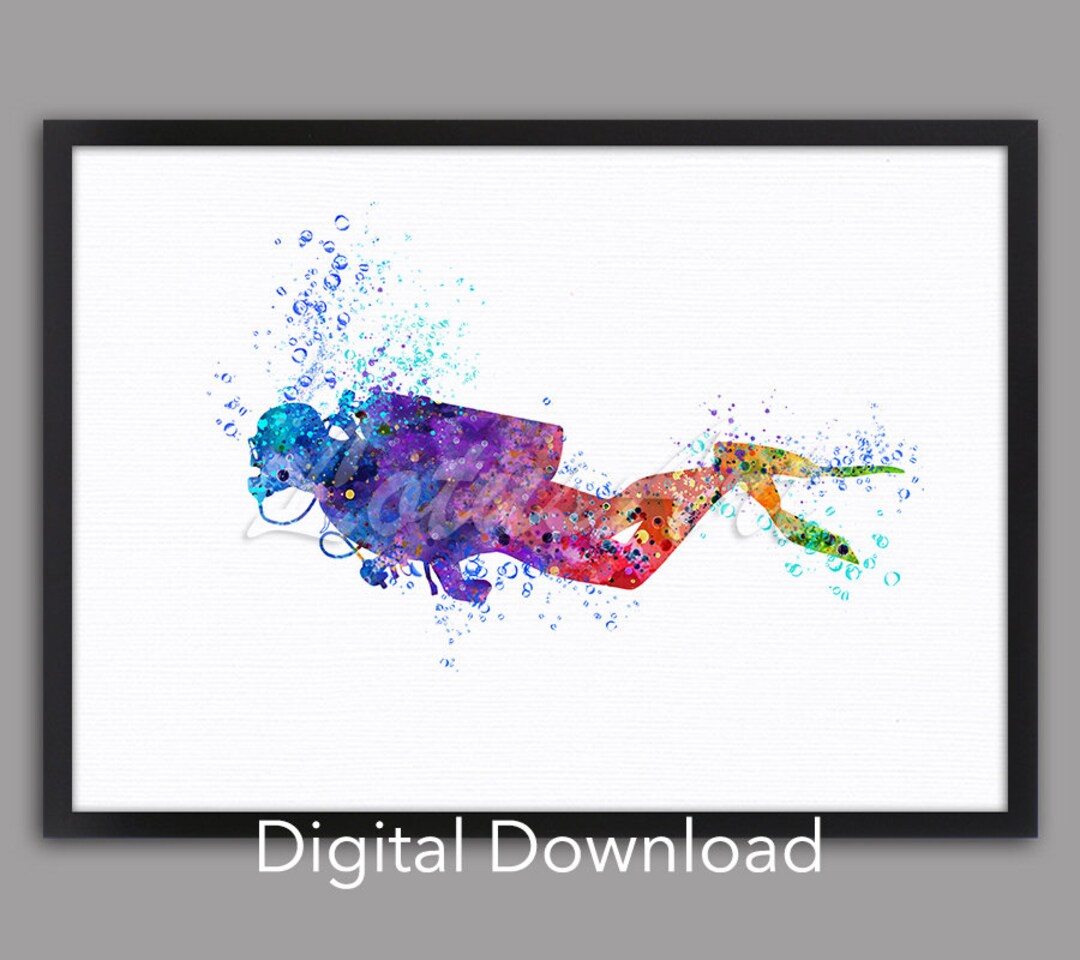Scuba Diving Watercolor Print: Underwater Sports Art (digital Download ...
