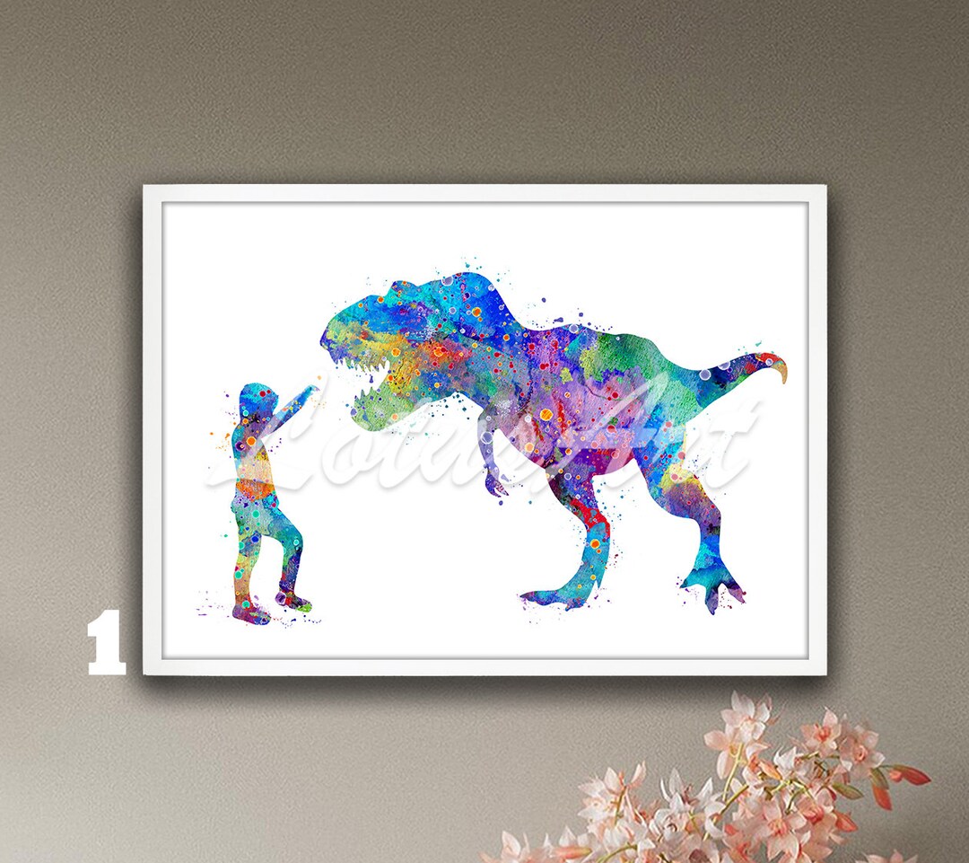 T-rex and Boy Framed Wall Art Tyrannosaurus Watercolor Print Nursery ...