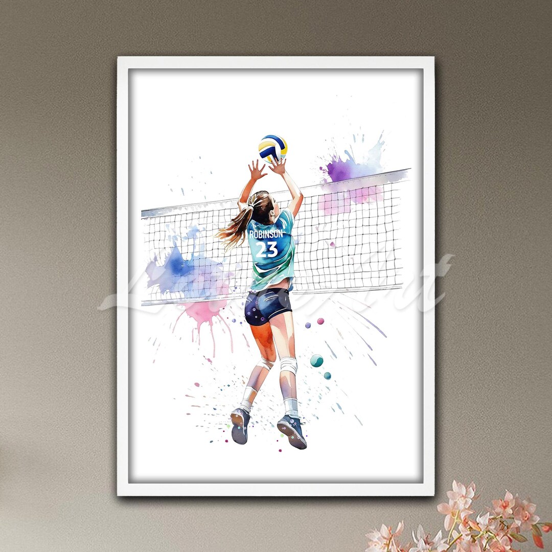 Girl Volleyball Wall Art Sports Poster Watercolor Print Volleyball Net ...