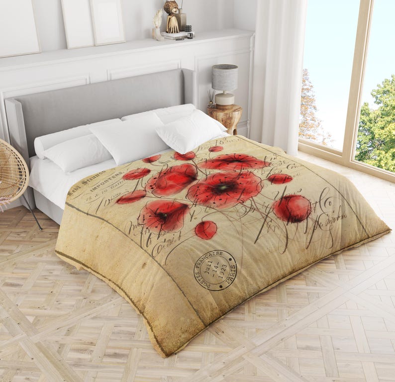 Red Poppies Vintage Style Comforter: Bohemian Watercolor Floral Bedding ...
