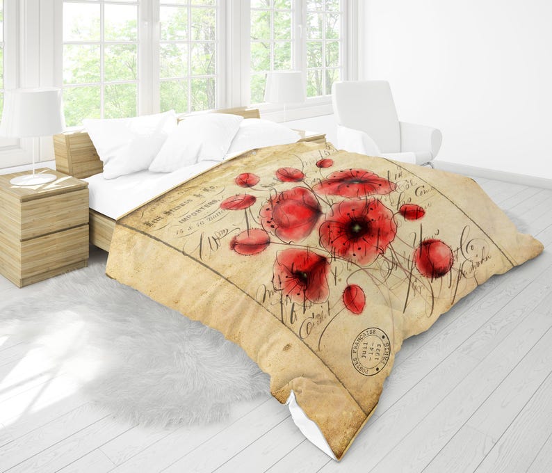 Red Poppies Vintage Style Comforter: Bohemian Watercolor Floral Bedding ...