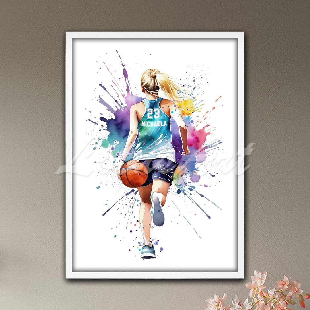 Blond Girl Basketball Wall Art Print Female Custom Watercolor ...