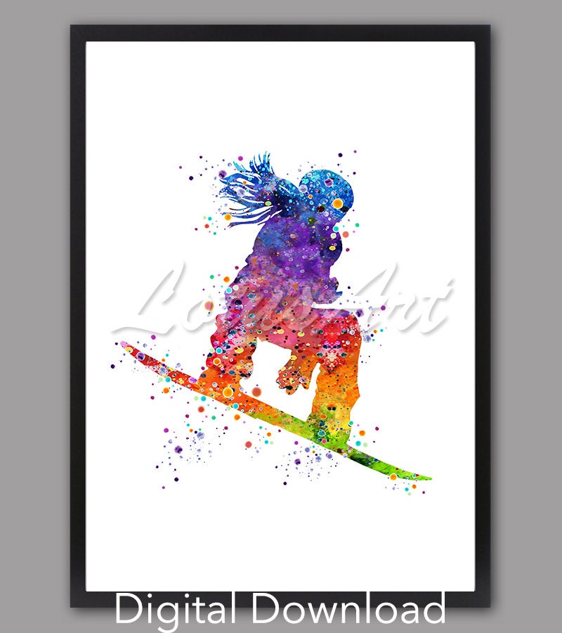 Girl Snowboarding Watercolor Art Print: Winter Sports Decor (digital ...