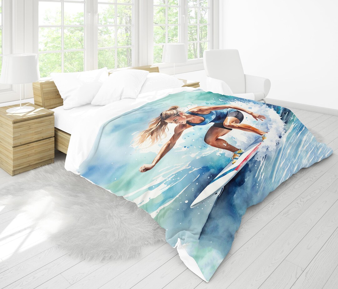 Girl Surfing Duvet Cover: Watercolor Surf Bedding, Coastal Bedroom ...