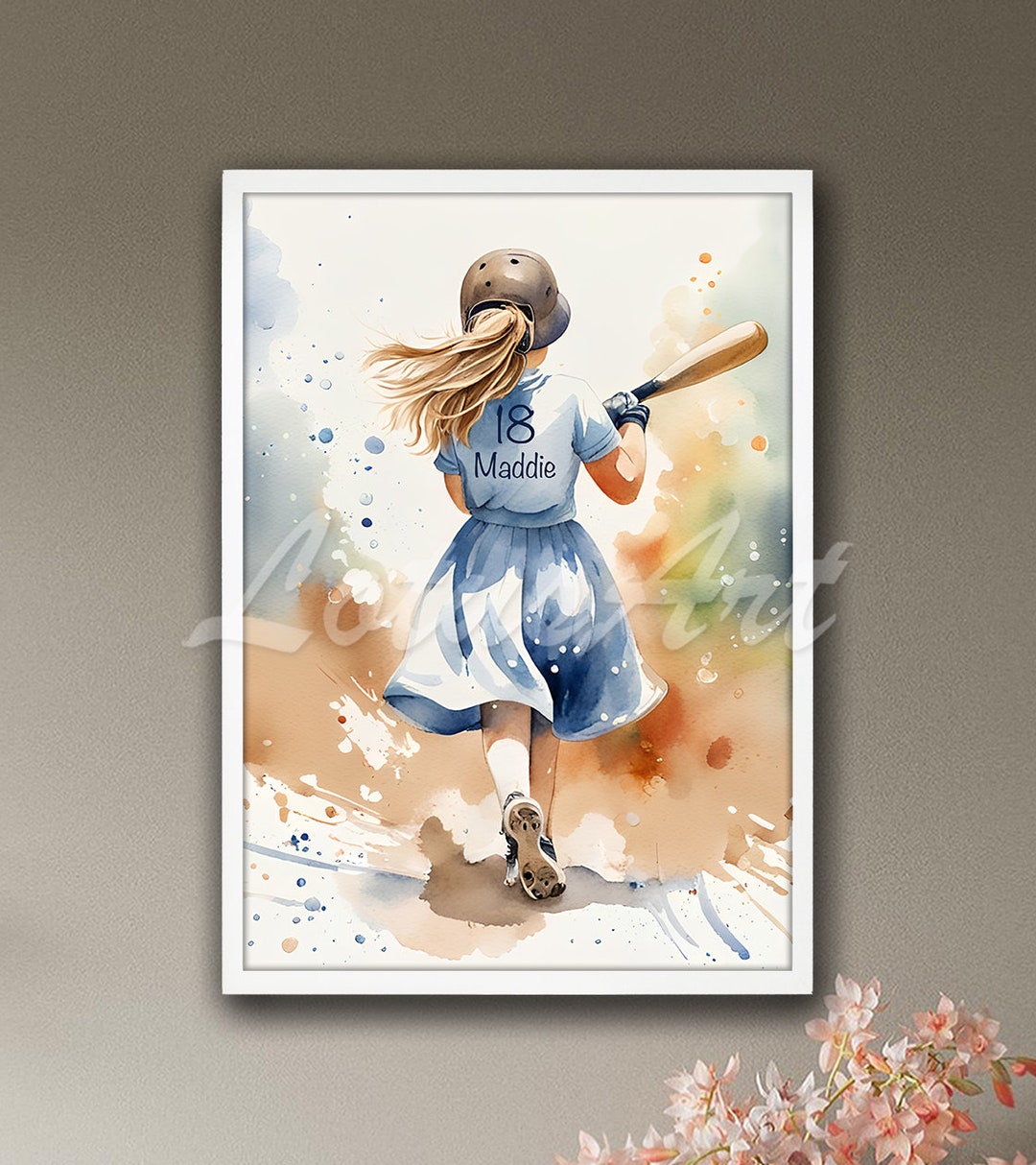 Little Girl Baseball Wall Art Framed Print Softball Watercolor Painting ...