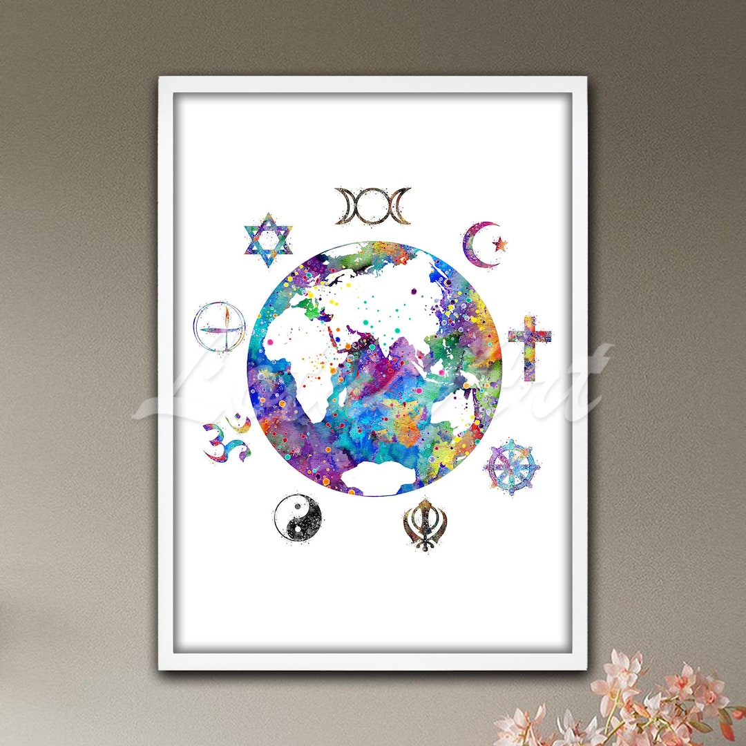 World Map Sacred Symbols Wall Art Watercolor Print Personalised ...