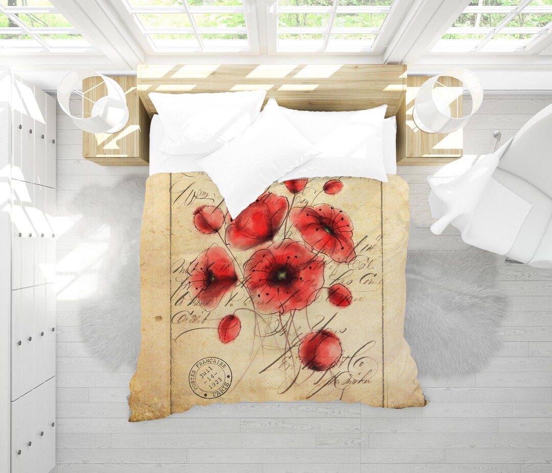 Red Poppies Vintage Style Comforter: Bohemian Watercolor Floral Bedding ...