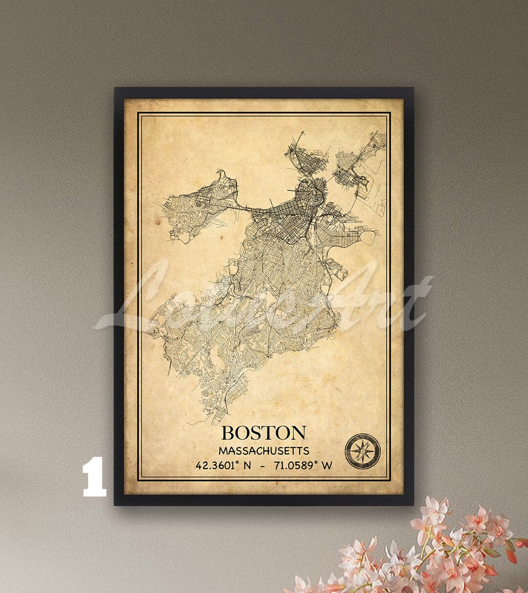 Boston Massachusetts Vintage Style Map Wall Art Poster City Road Travel ...