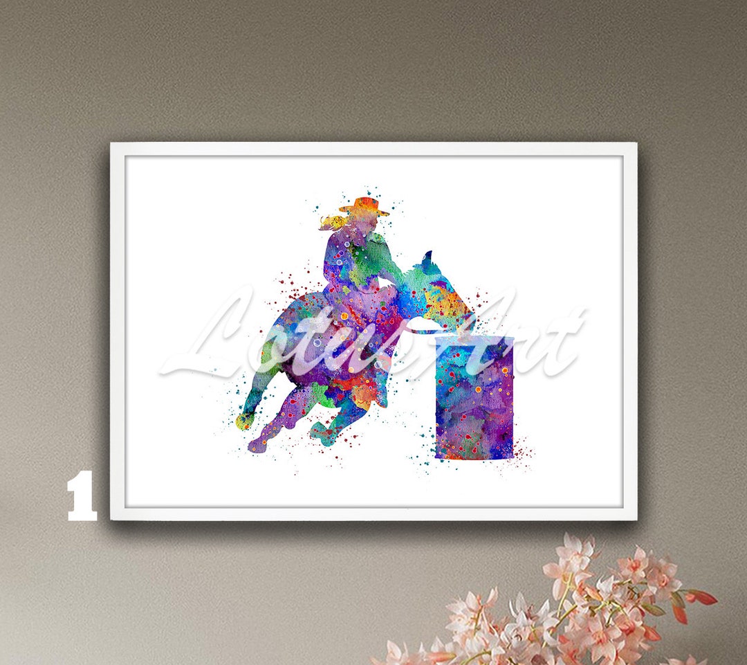 Girl Barrel Racing Wall Art Framed Watercolor Print Cowboy Rodeo ...