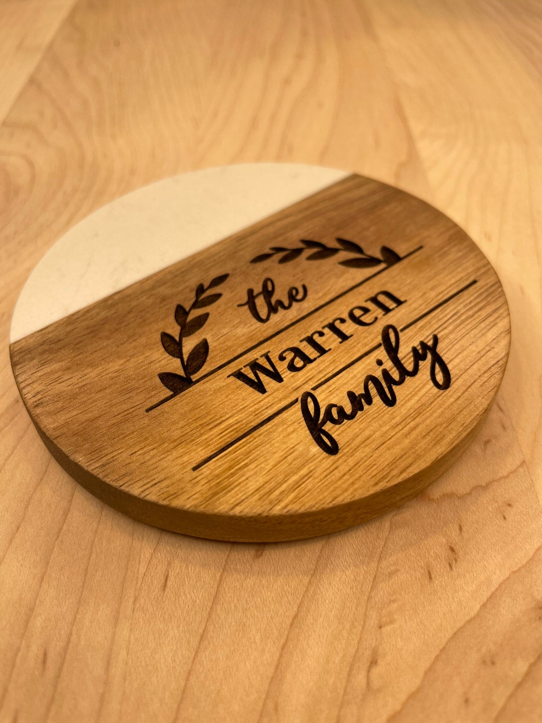 Personalized Family Name Engraved Marble Wood Coaster - Etsy