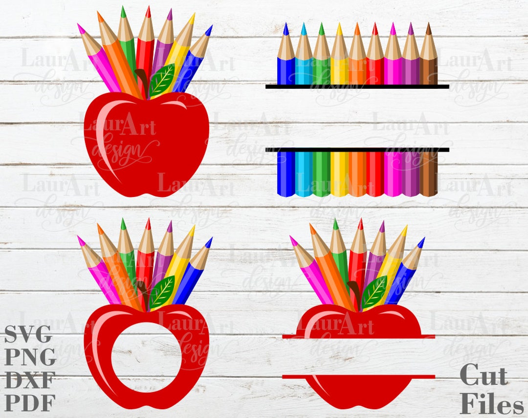 Apple and Colored Pencils Monogram SVG Back to School 2022 Split Circle ...