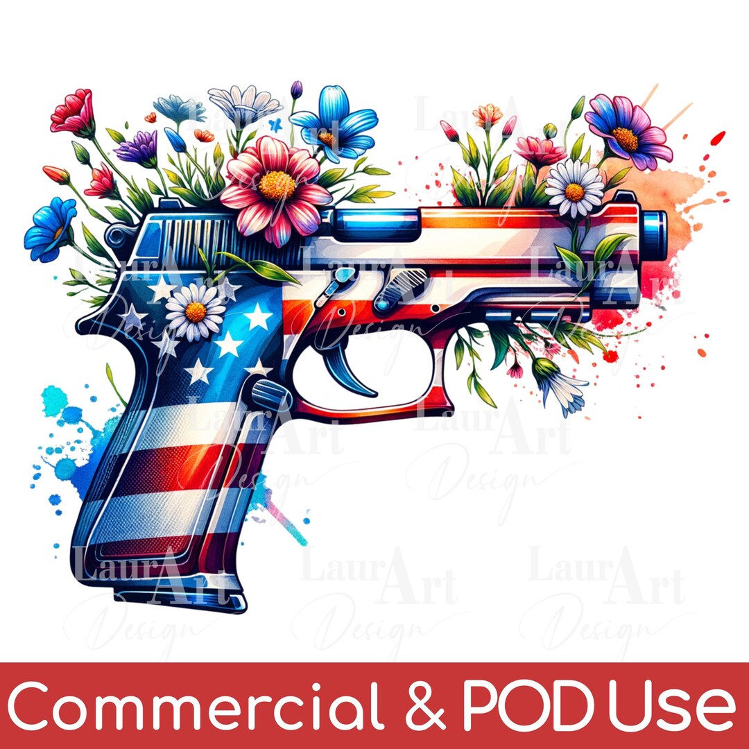 4th of July Floral Gun Clipart Independence Day Patriotic Gun With ...