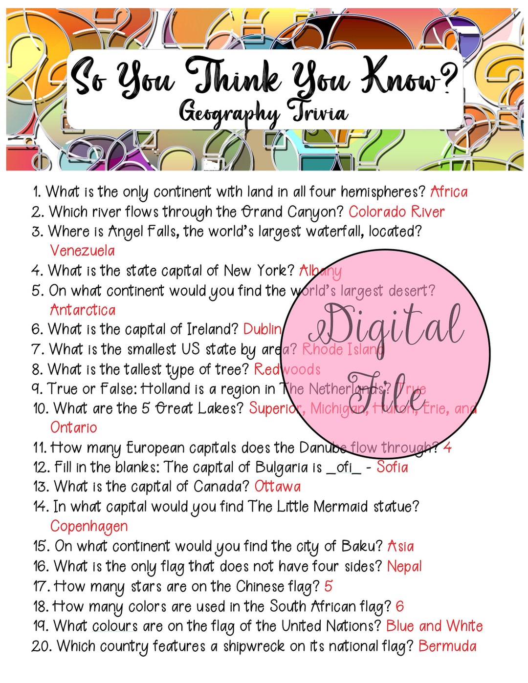 Geography Trivia//fun Quiz//printable Trivia//classroom Trivia - Etsy