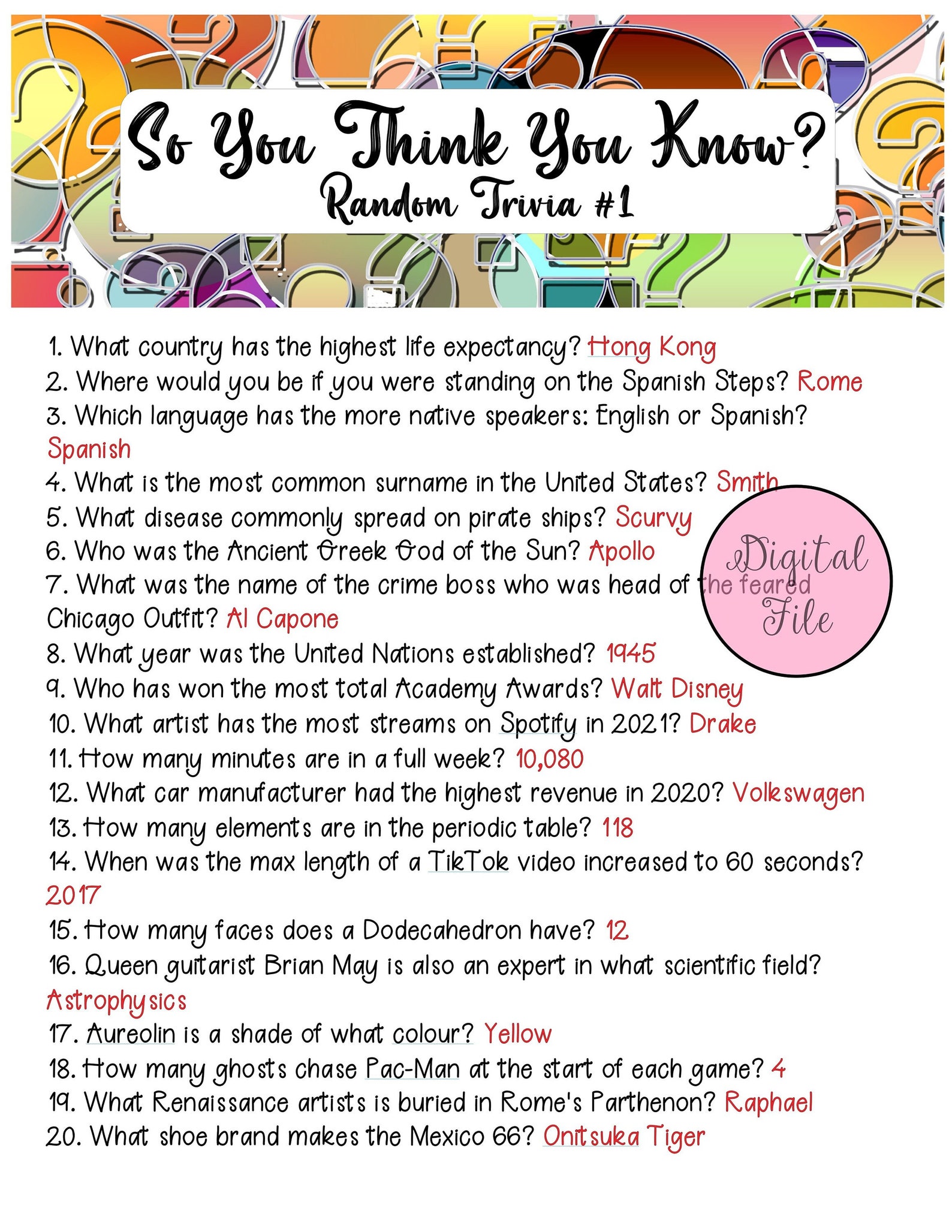 Random Trivia #1//fun Quiz//printable Trivia//random Trivia - Etsy