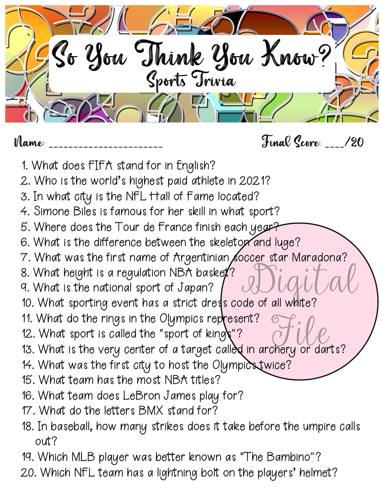 Sports Trivia//fun Quiz//printable Trivia//classroom Trivia - Etsy