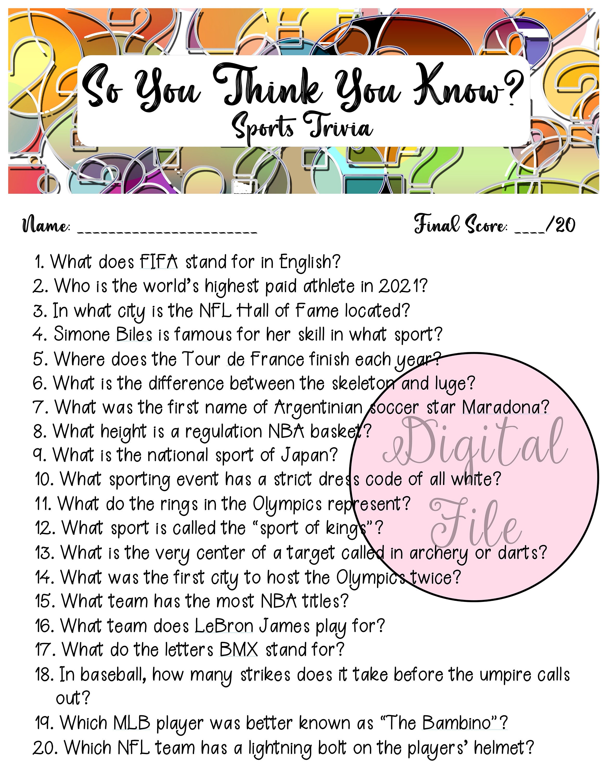Sports Trivia//fun Quiz//printable Trivia//classroom Trivia - Etsy