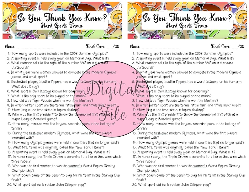 Hard Sports Trivia//fun Quiz//printable Trivia//classroom Trivia - Etsy
