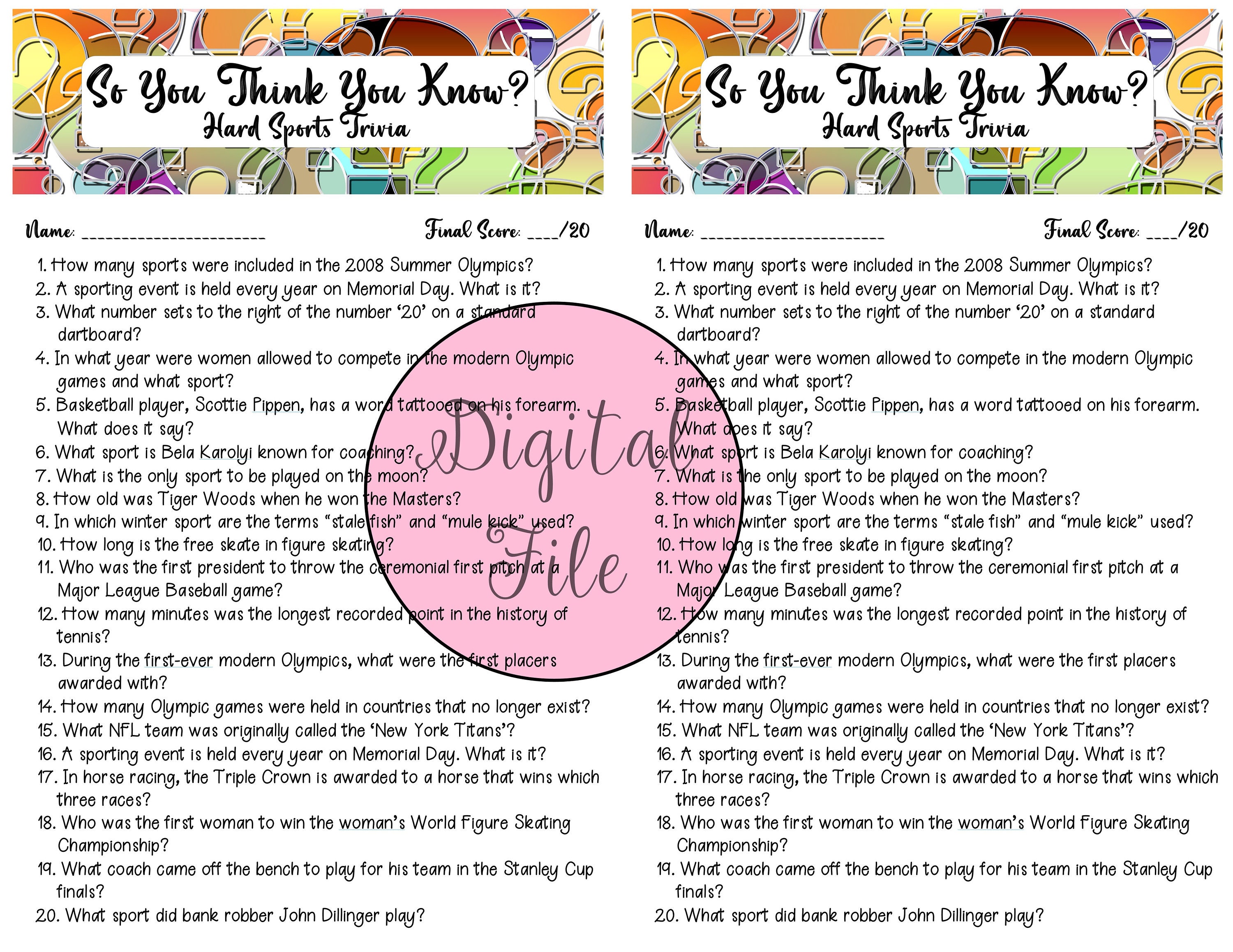 Hard Sports Trivia//fun Quiz//printable Trivia//classroom Trivia - Etsy