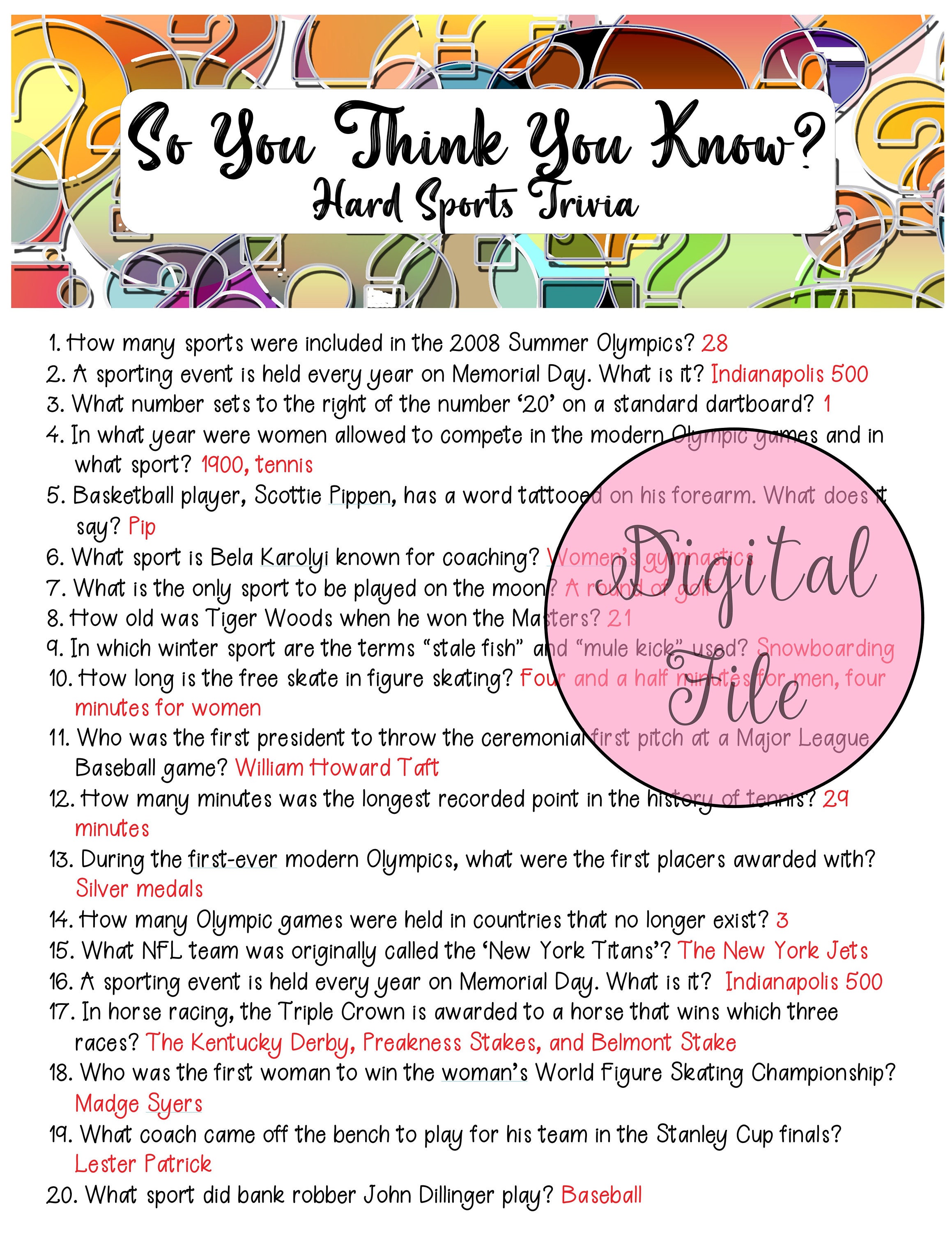 Hard Sports Trivia//fun Quiz//printable Trivia//classroom Trivia - Etsy