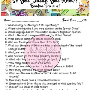 Random Trivia #1//fun Quiz//printable Trivia//random Trivia - Etsy