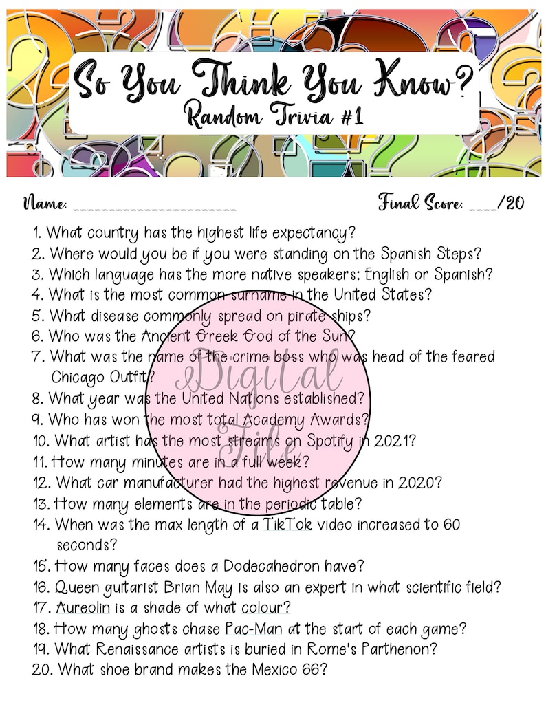 Random Trivia #1//fun Quiz//printable Trivia//random Trivia - Etsy