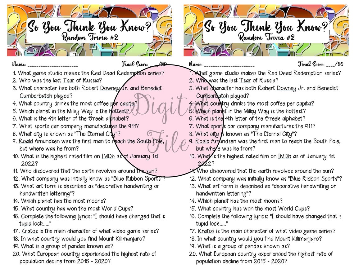 Random Trivia #2//fun Quiz//printable Trivia//random Trivia - Etsy