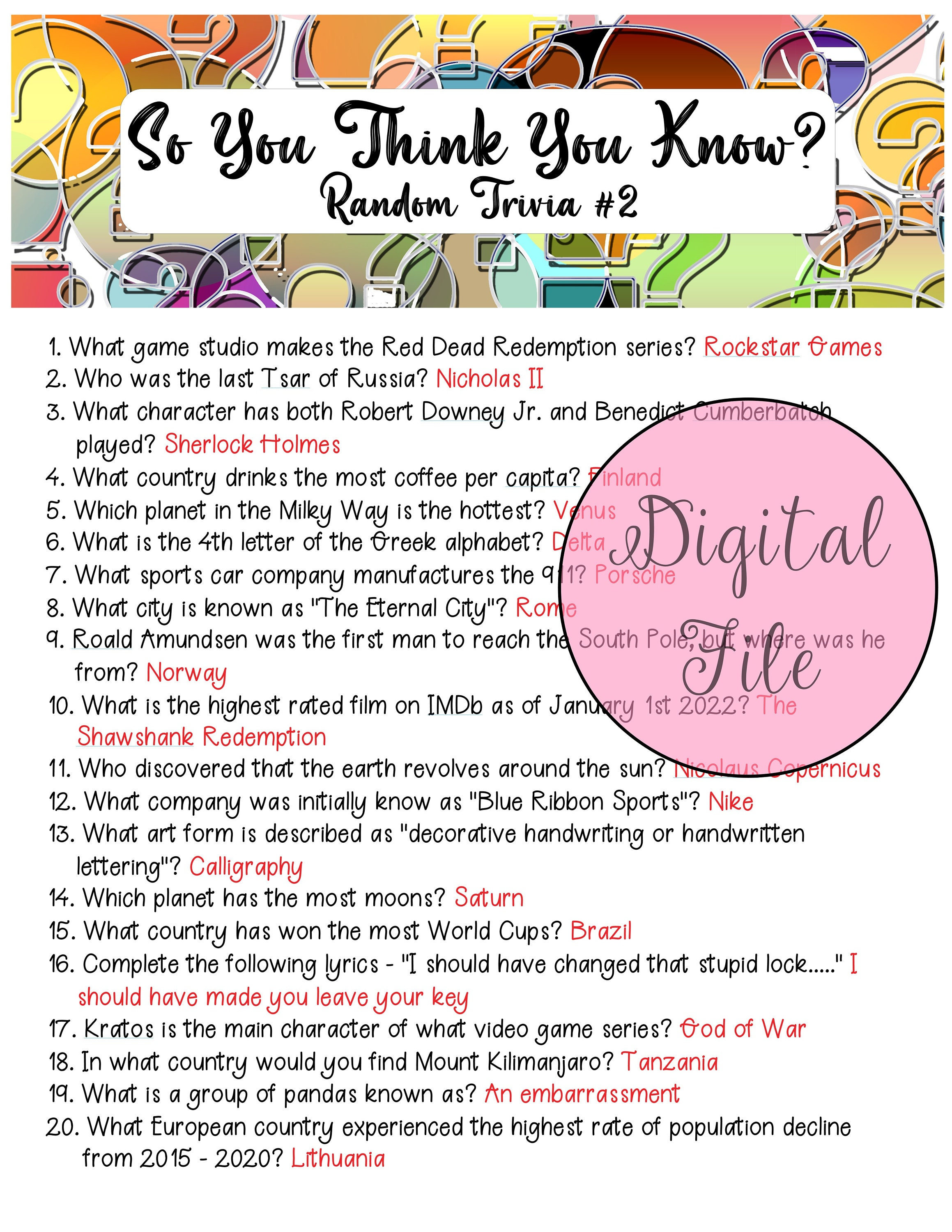 Random Trivia #2//fun Quiz//printable Trivia//random Trivia - Etsy