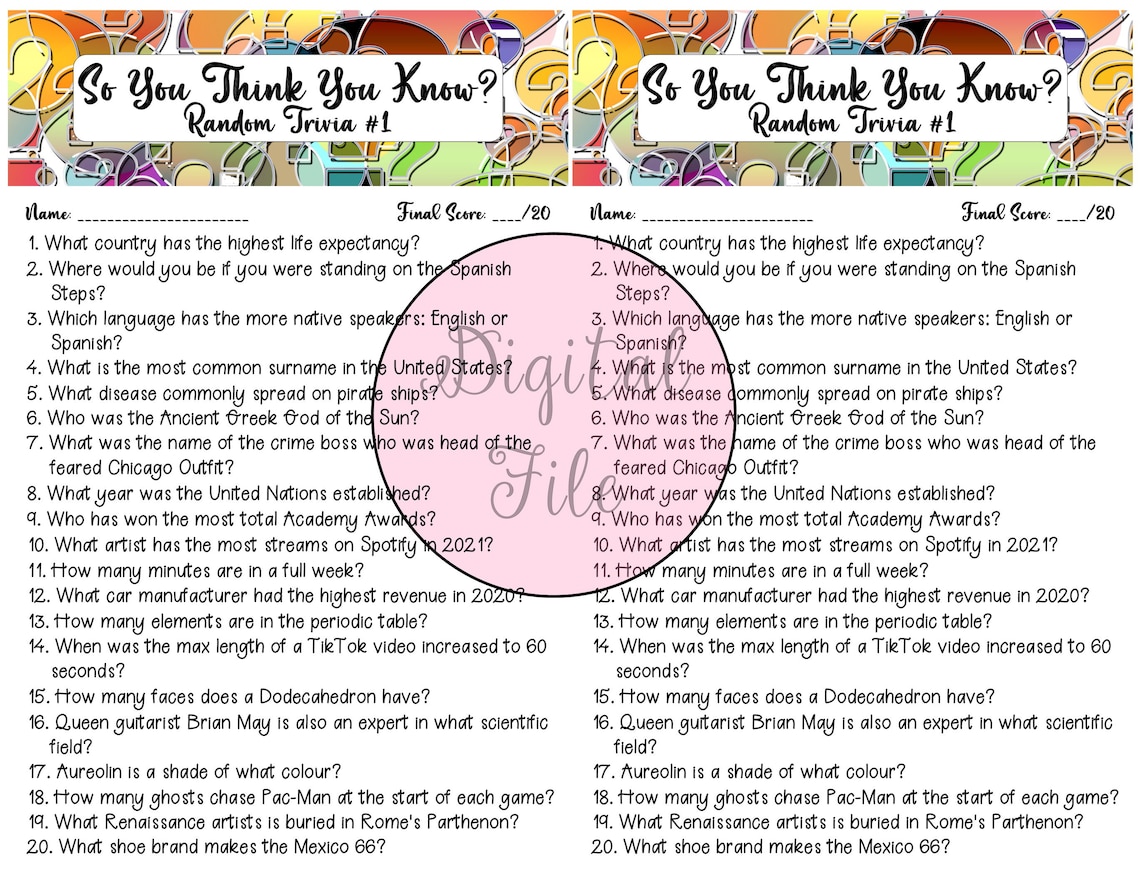 Random Trivia #1//fun Quiz//printable Trivia//random Trivia - Etsy