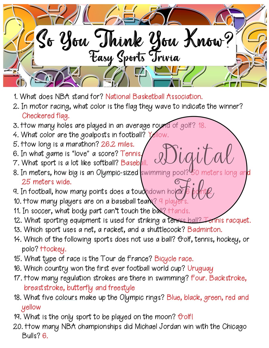 Easy Sports Trivia//fun Quiz//printable Trivia//classroom Trivia - Etsy