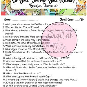 Random Trivia #2//fun Quiz//printable Trivia//random Trivia - Etsy