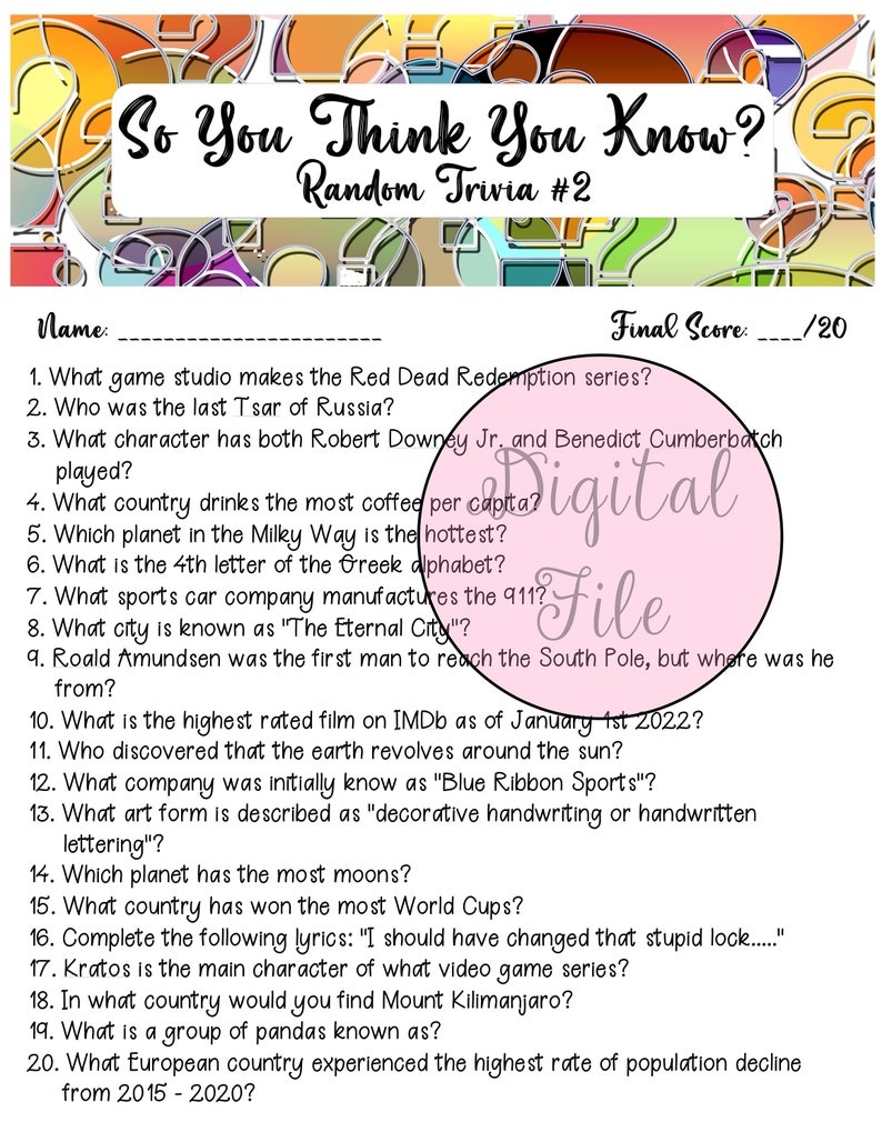 Random Trivia #2//fun Quiz//printable Trivia//random Trivia - Etsy