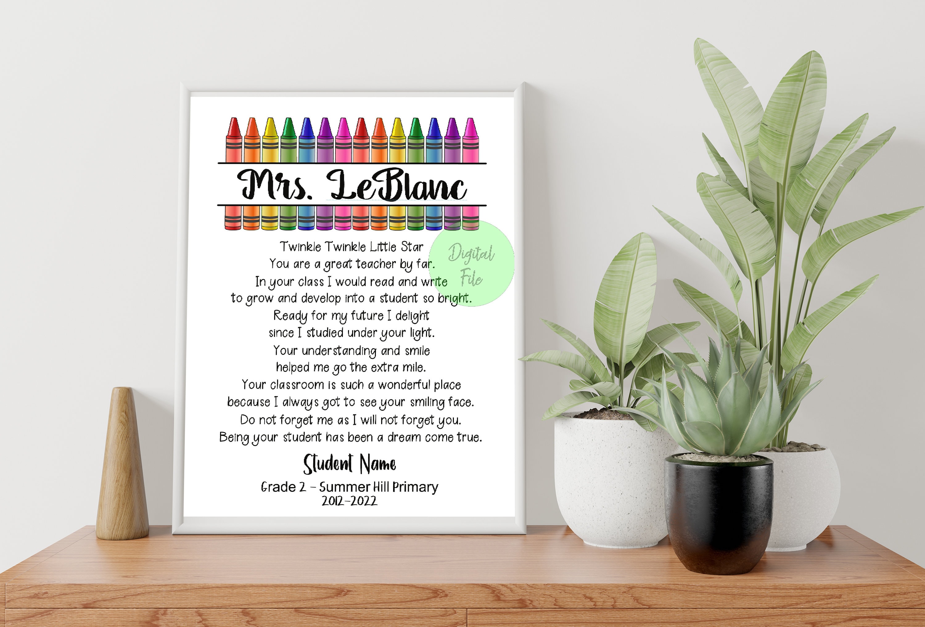 Teacher Thank You//crayons//poem//end of School Gift//teacher Gift ...