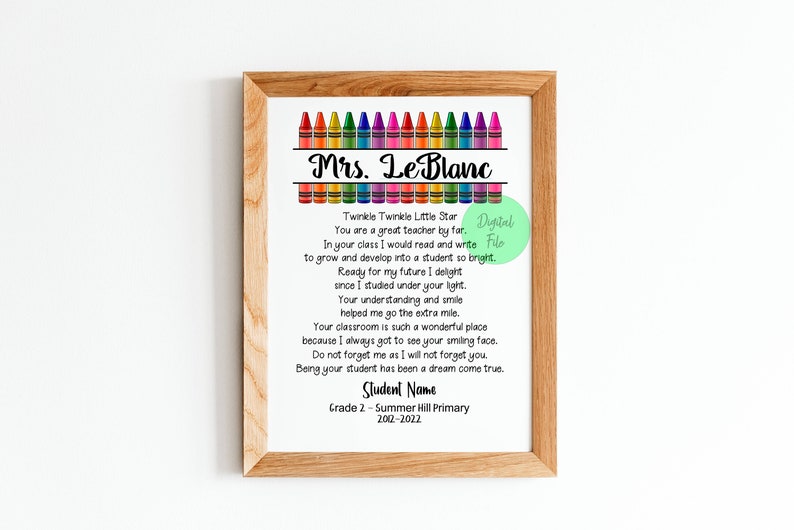 Teacher Thank You//crayons//poem//end of School Gift//teacher Gift ...