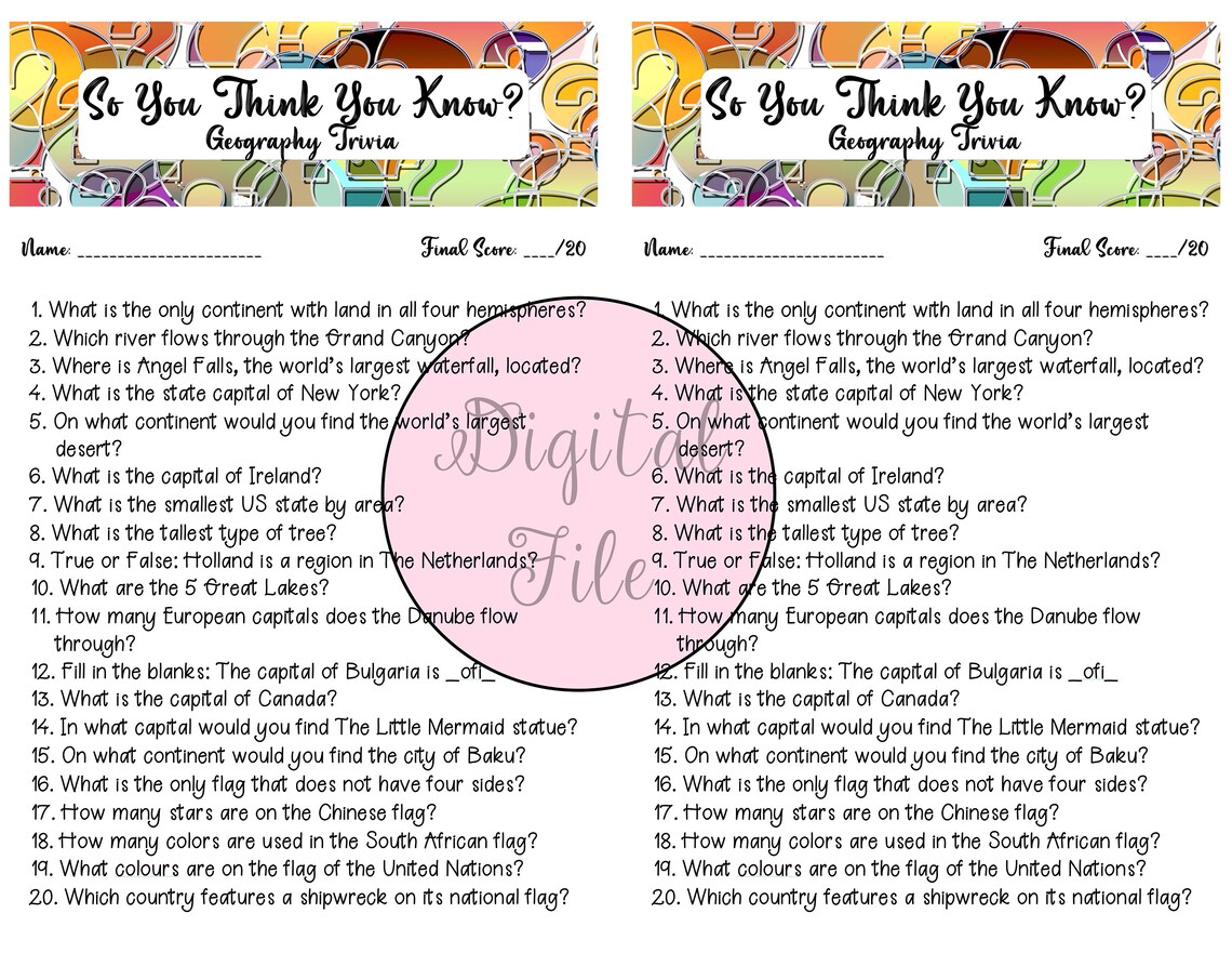 Geography Trivia//fun Quiz//printable Trivia//classroom Trivia - Etsy