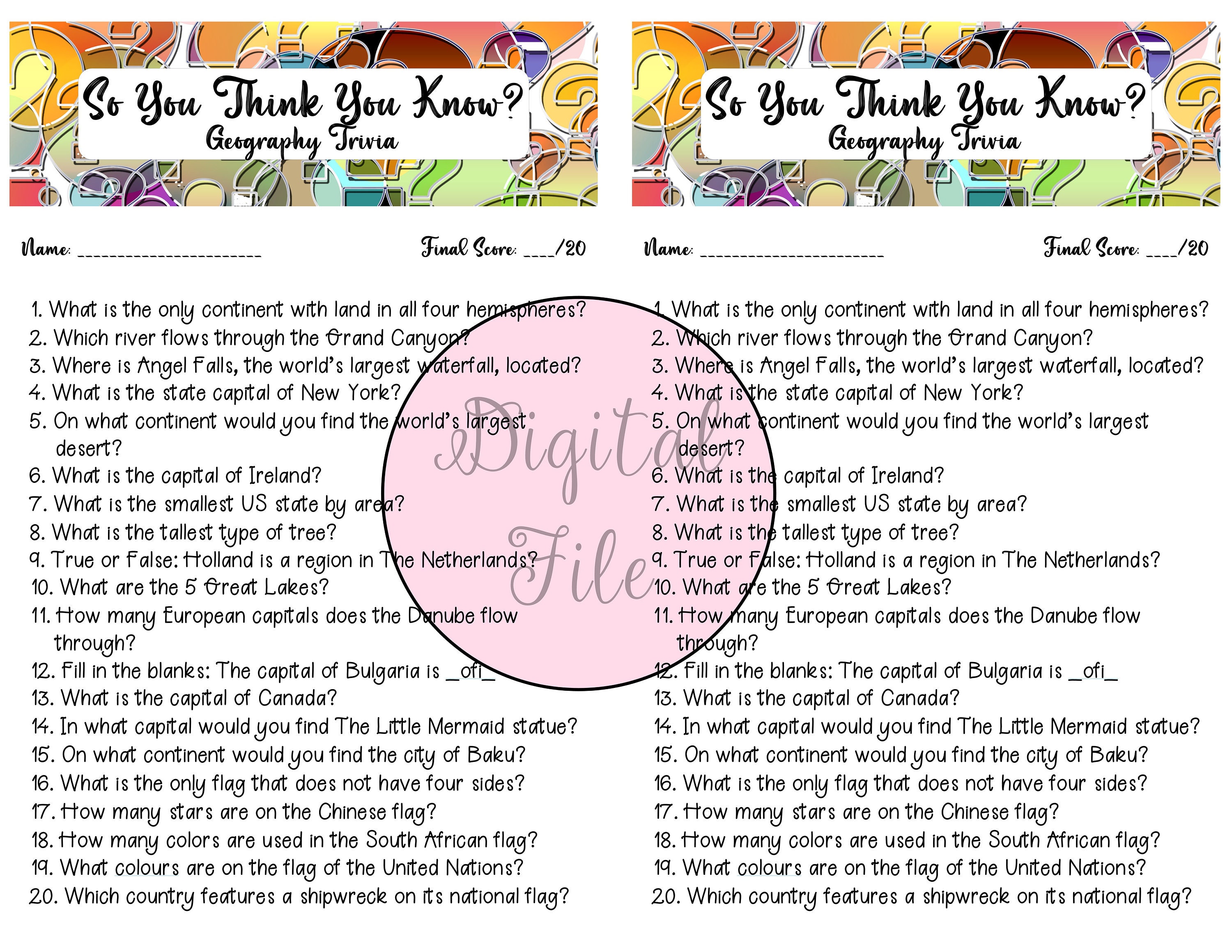 Geography Trivia//fun Quiz//printable Trivia//classroom Trivia - Etsy