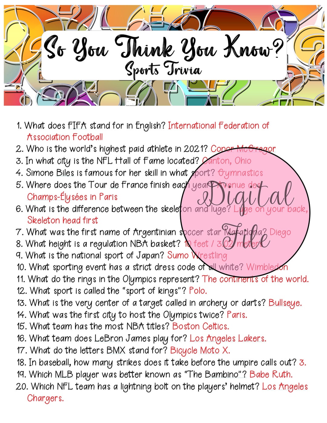 Sports Trivia//fun Quiz//printable Trivia//classroom Trivia - Etsy