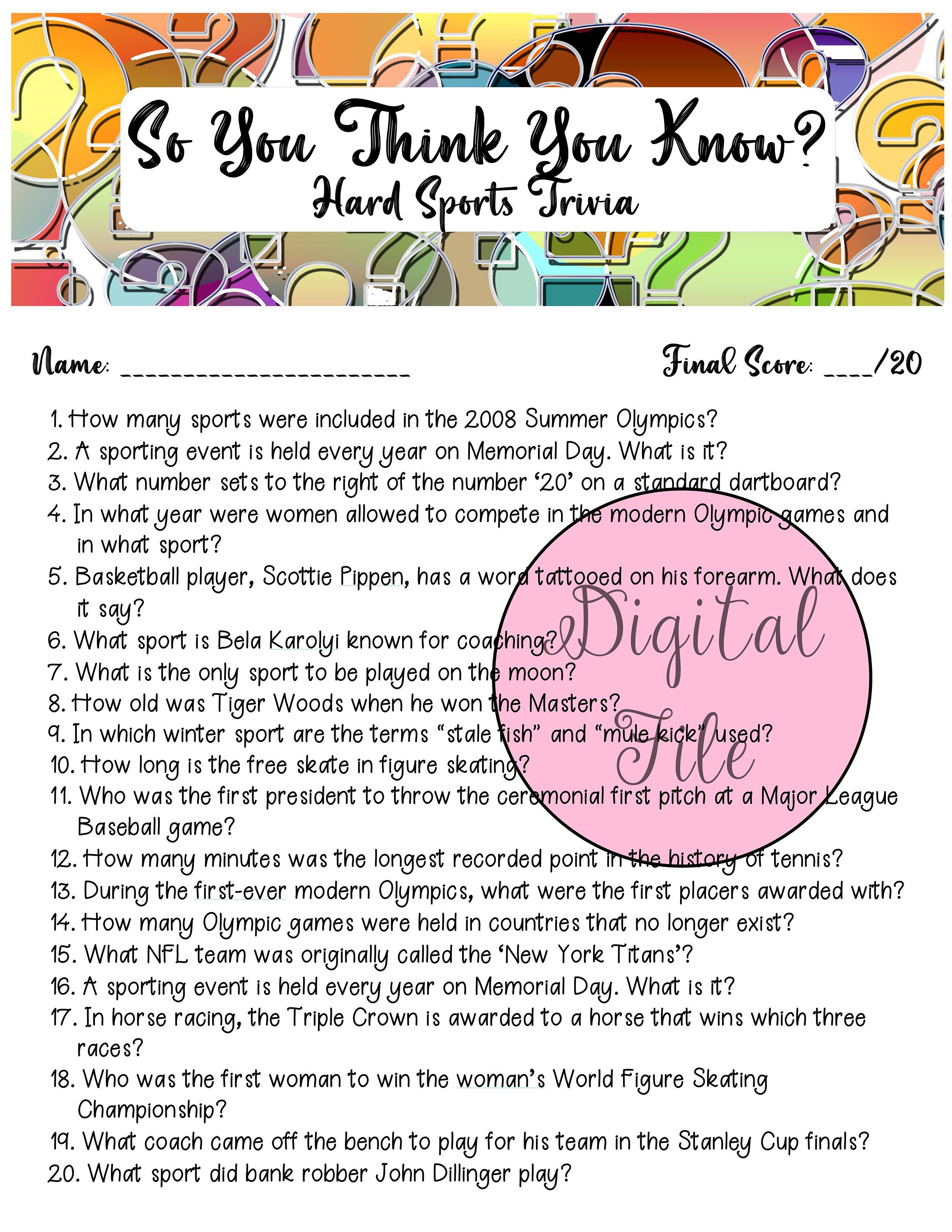 Hard Sports Trivia//fun Quiz//printable Trivia//classroom Trivia - Etsy