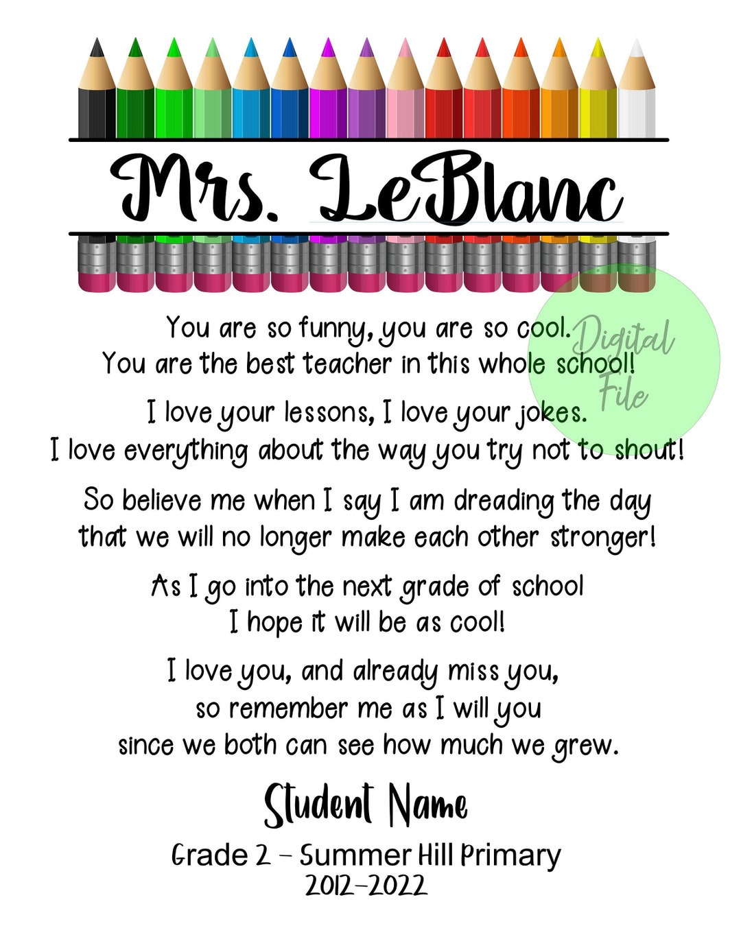 Teacher Thank You//funny and Cool//color Pencil With Erasers//poem//end ...