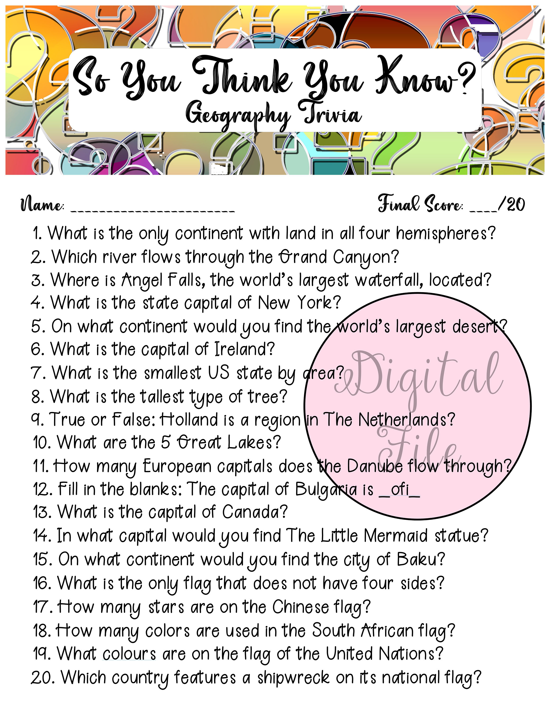 Geography Trivia//fun Quiz//printable Trivia//classroom Trivia - Etsy