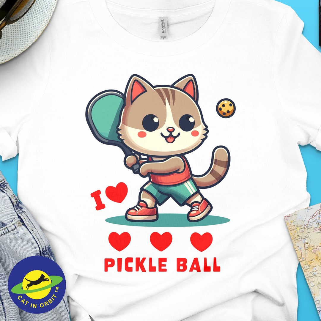 I Love Pickle Ball, Cute Cat Playing Pickle Ball, Funny Graphic T-shirt ...