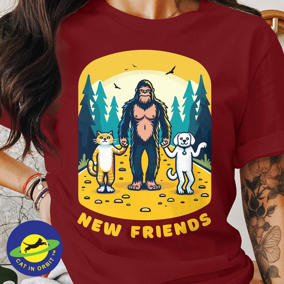 Big Foot Sasquatch Becomes Friends With a Cat and a Dog, Funny T-shirt ...