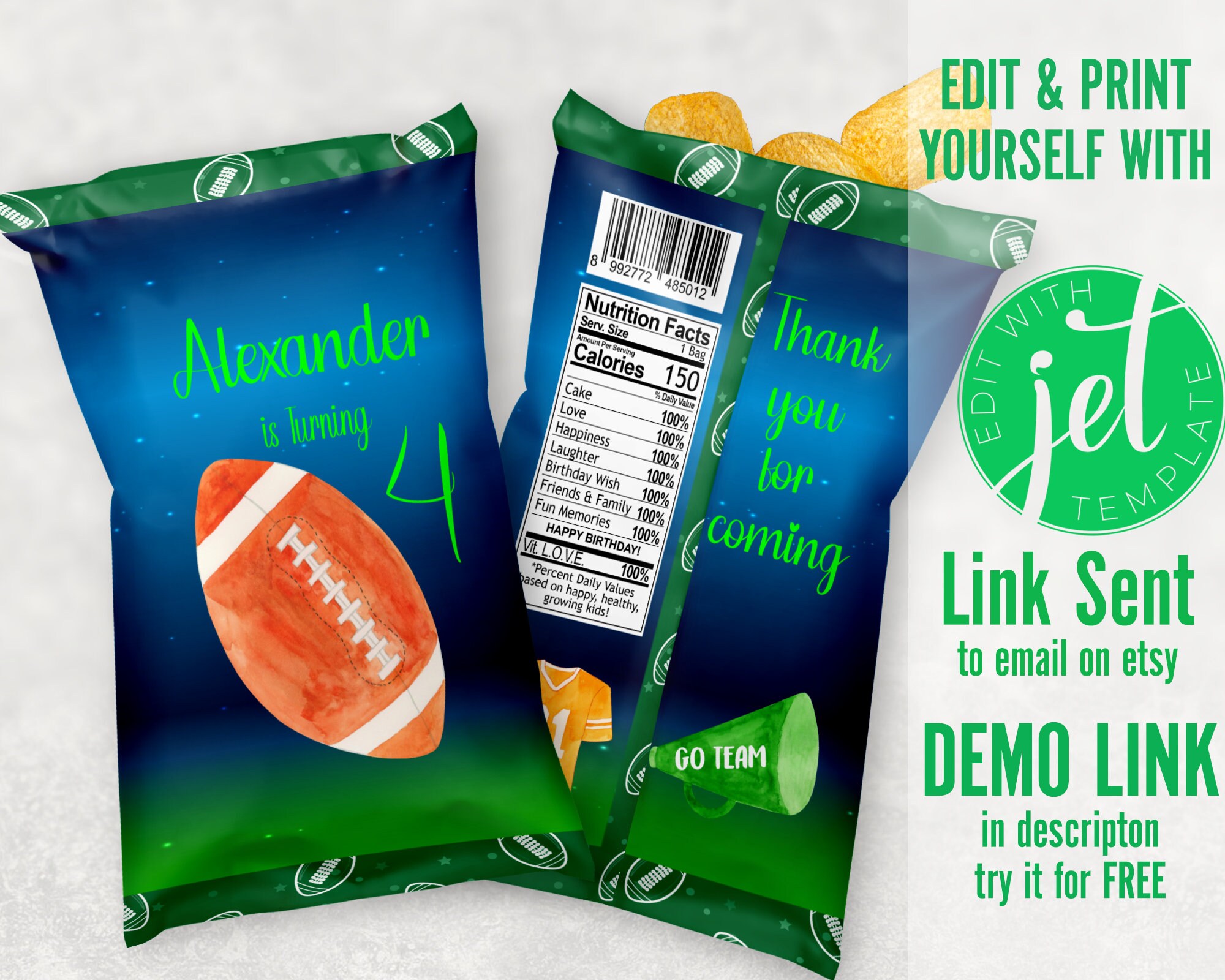 Editable Football Chips Bag Football Treat Bag Label Sports | Etsy