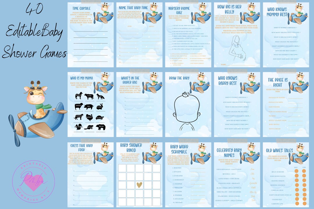 Editable Baby Giraffe Baby Shower Game Bundle, Boy Giraffe Baby Shower ...